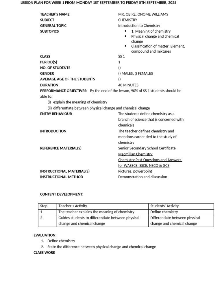 SS 1 Chem Lesson Plan For WK 1 | PDF | Chemical Elements | Chemical ...