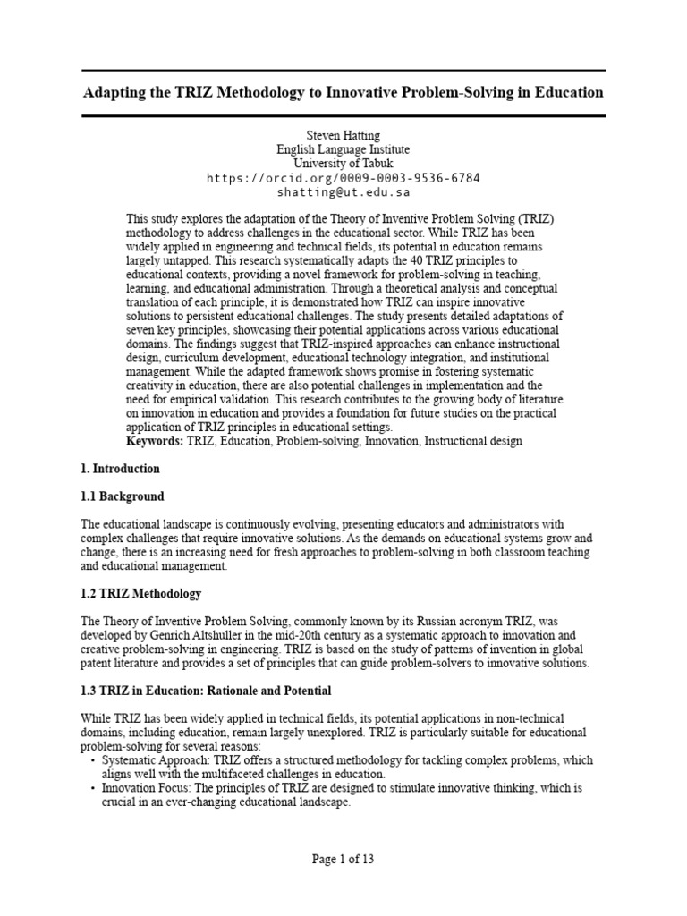Adapting the TRIZ Methodology to Innovat | PDF | Educational Technology ...
