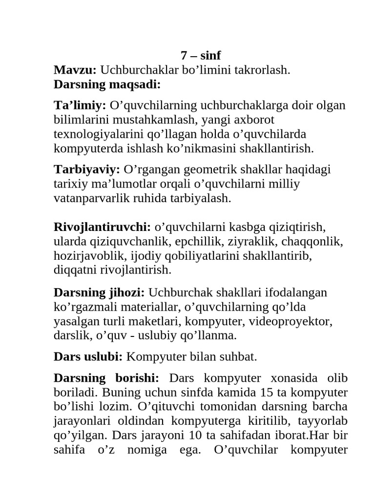 uchburchak 7 синф дарс ишл. | PDF