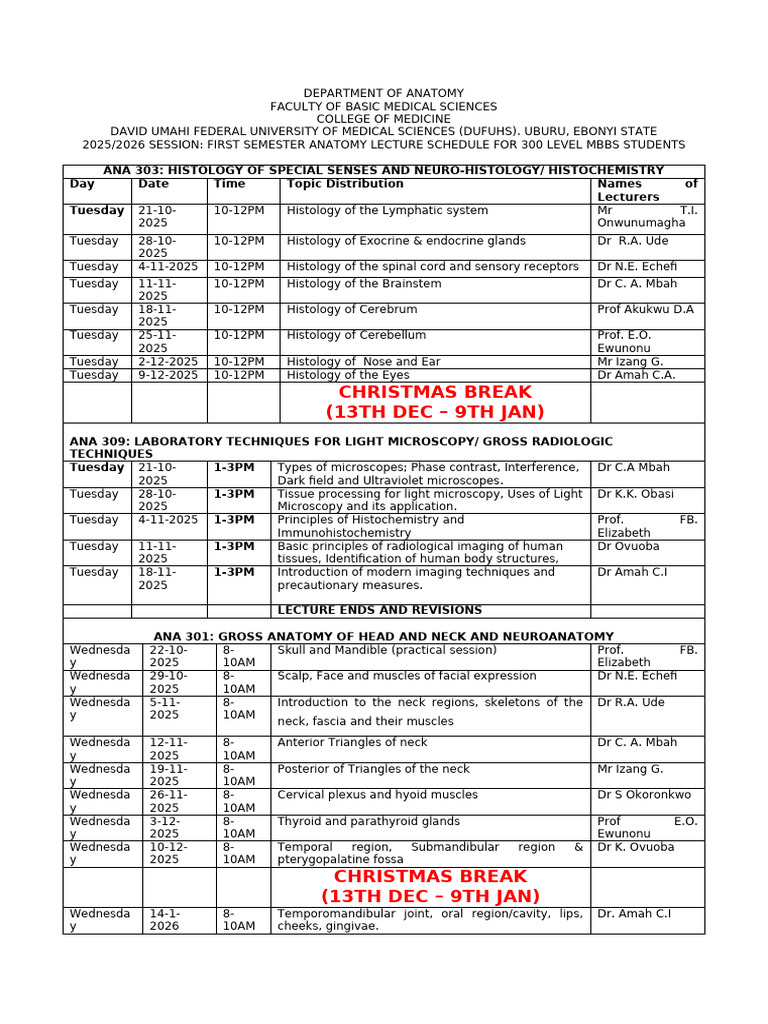 (C) 300 Level MBBS Lecture Schedule REVISED | PDF | Central Nervous ...