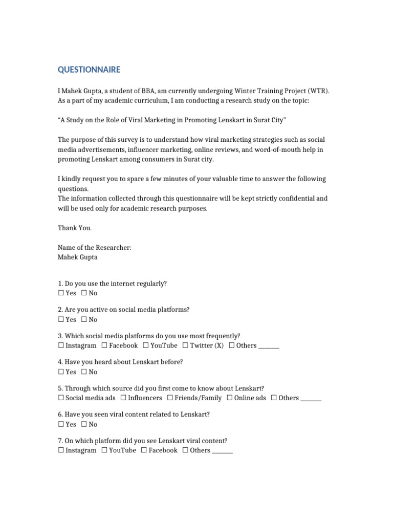 WTR Lenskart Questionnaire Mahek Gupta | PDF