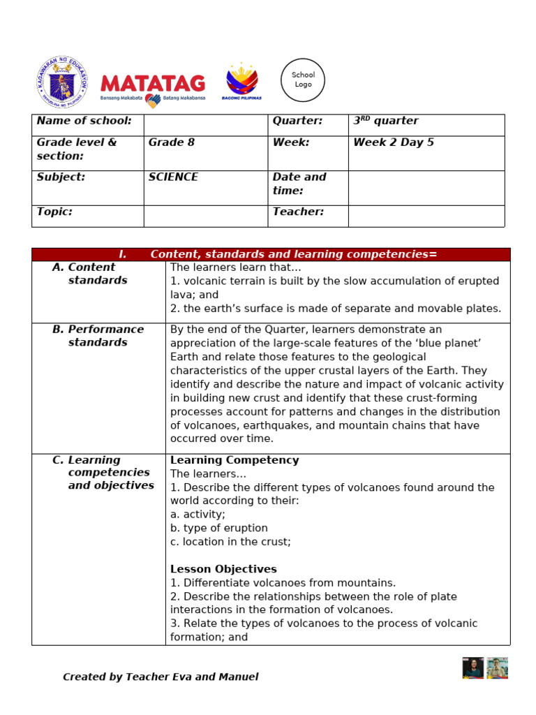 Dlp q3 Science 8 Week 2 Day 5 | PDF | Volcano | Lava