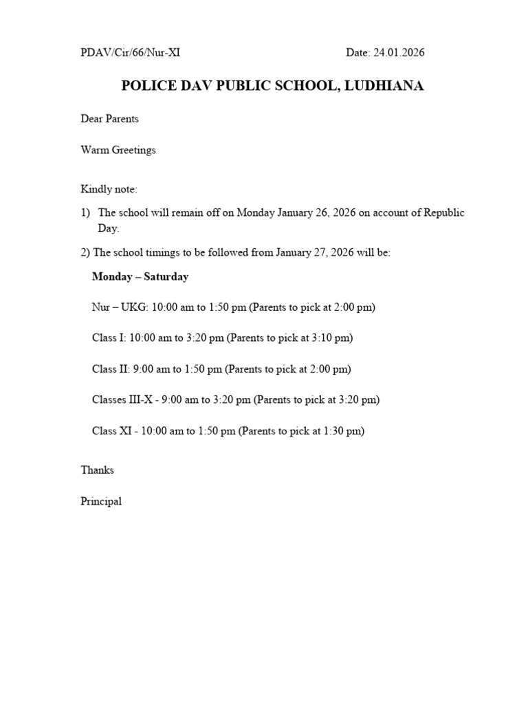 Circular School Timings Nur-XI Dt 24.01.2026 | PDF