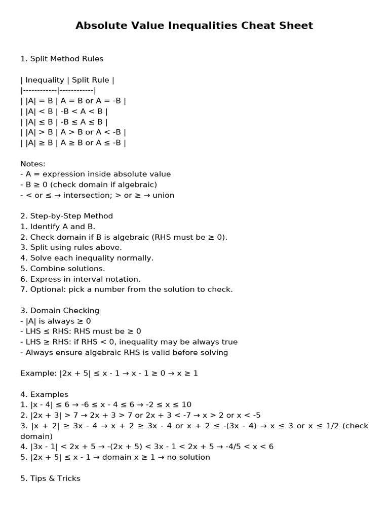 Absolute Value Cheat Sheet | PDF