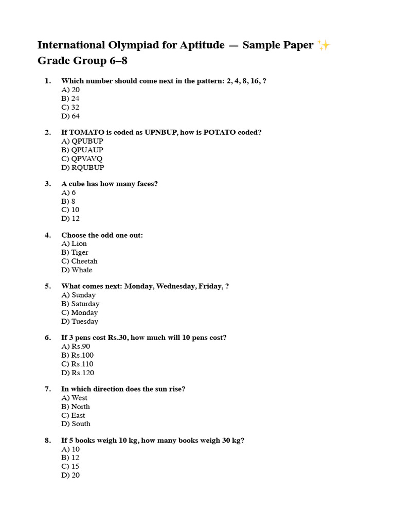 International Olympiad for Aptitude — Sample Paper | PDF | Triangle ...
