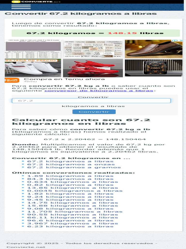 Convertir 67.2 Kilogramos a Libras | PDF