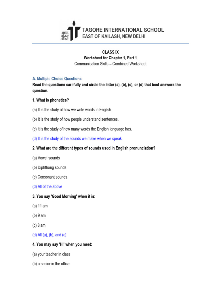 Communication Skills Complete Worksheet Class IX | PDF | Communication ...