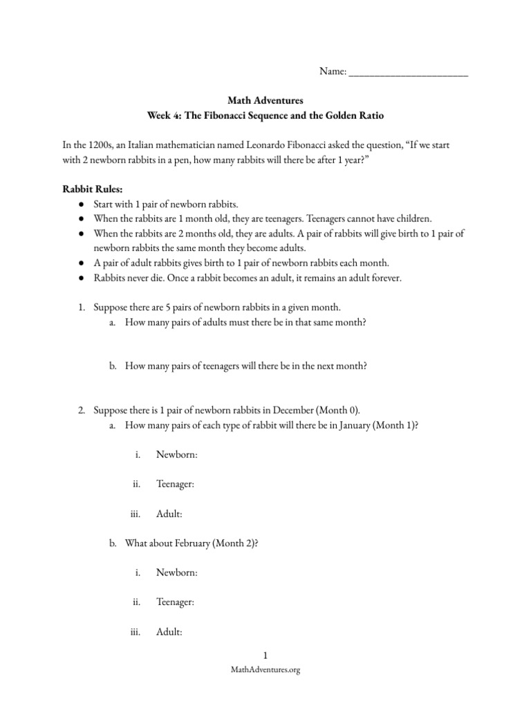The Fibonacci Sequence and The Golden Ratio Worksheet | PDF | Mathematics