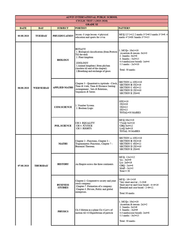 Grade 11 Ct2 Timetable and Portion | PDF