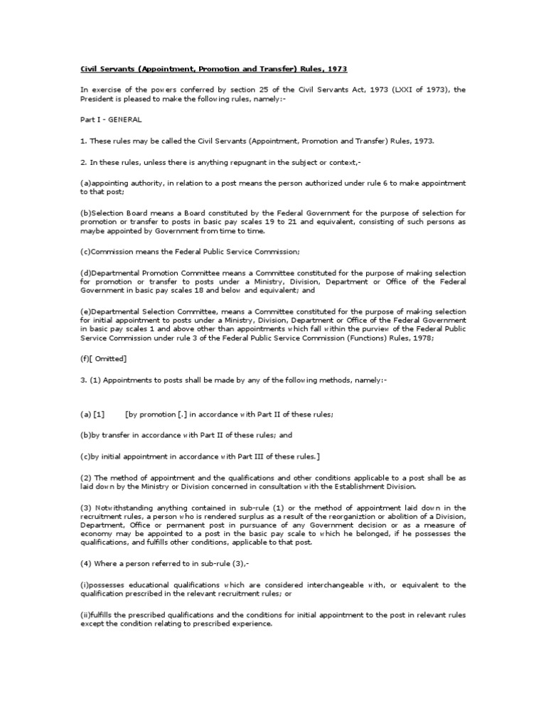 Civil Servants (Appointment, Promotion and Transfer) Rules, 1973 | PDF ...