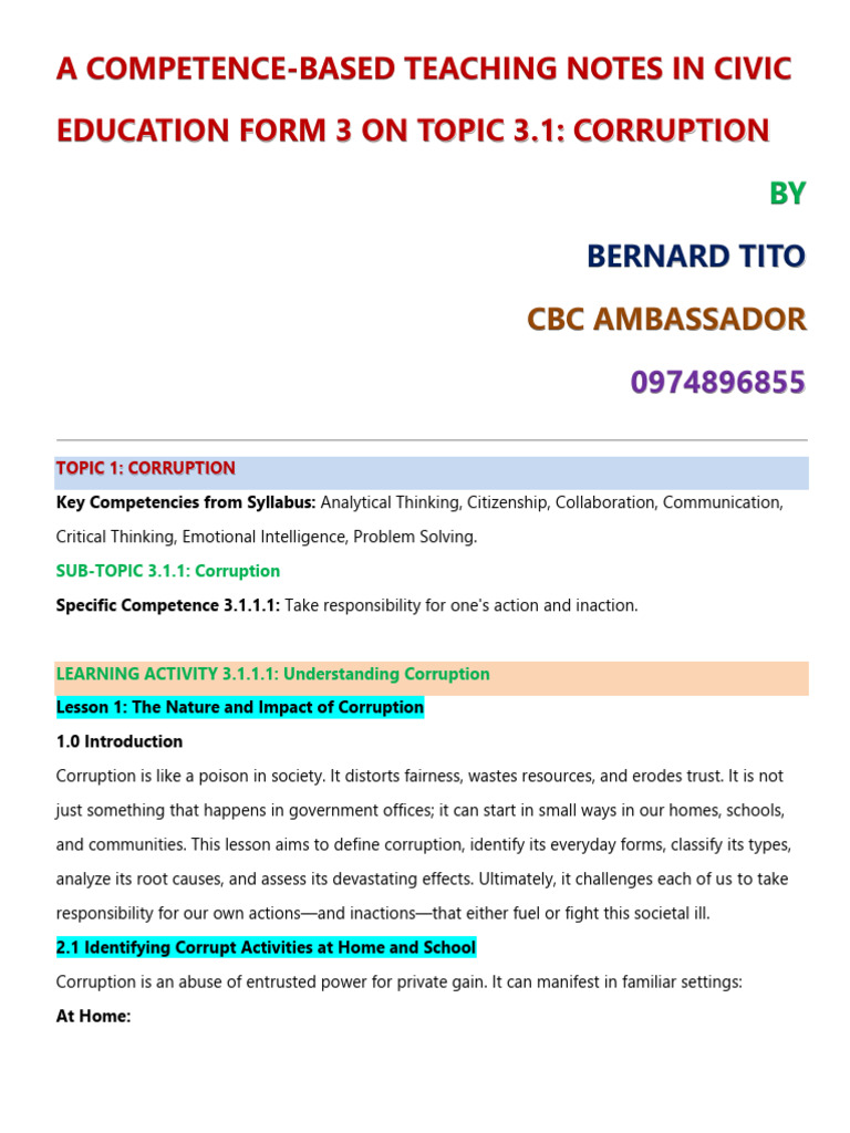 A COMPETENCE-BASED TEACHING NOTES IN CIVIC EDUCATION FORM 3 ON TOPIC 3. ...