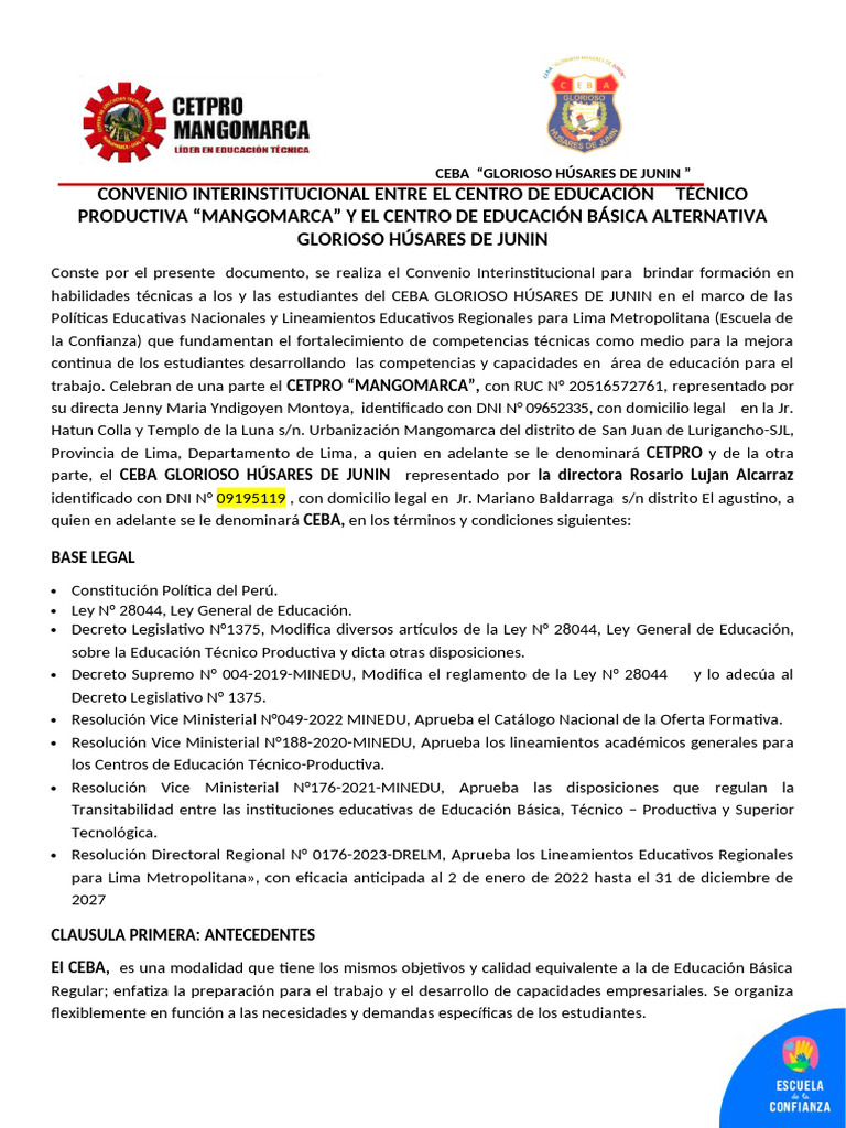 Convenio Con Glorioso Húsares de Junin | PDF | Educación primaria