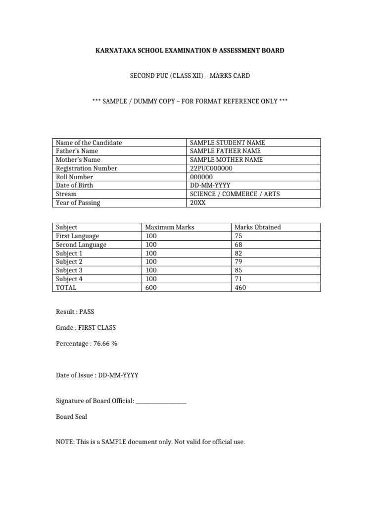 Karnataka 2nd PUC Sample Marksheet | PDF