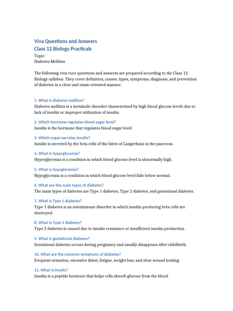 Class 12 Biology Viva Diabetes | PDF | Diabetes | Hyperglycemia