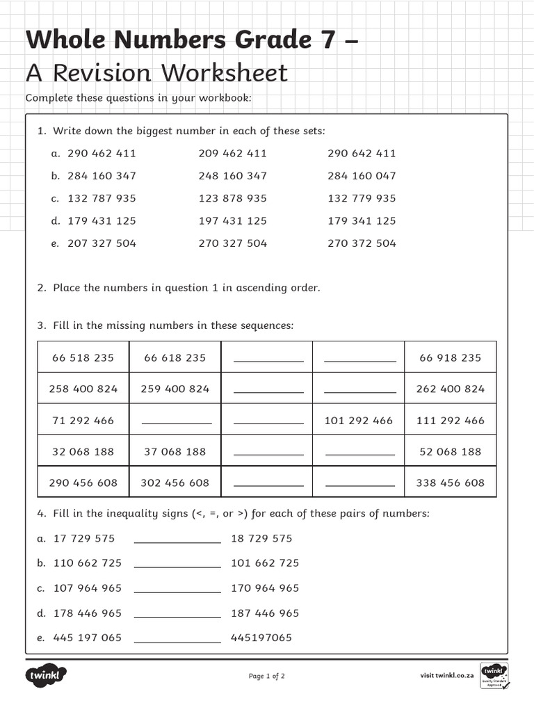 Za m 1702838580 Whole Numbers Grade 7 a Revision Worksheet Ver 2 (1) | PDF | Chess Theory | Chess