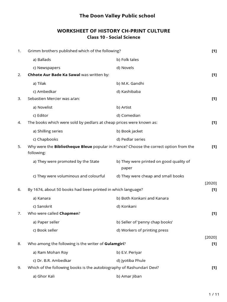 75 Marks MCQ Worksheet Ch-Print Culture | PDF | Books | Printing