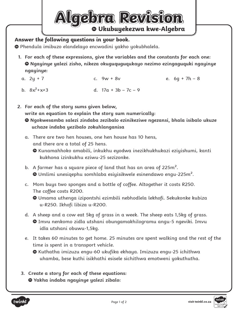 Za M 1758470683 Grade 7 Maths Term 1 Algebra Revision Worksheet Isizulu ...