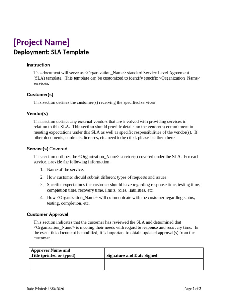 Template of SLA v1.0 | PDF