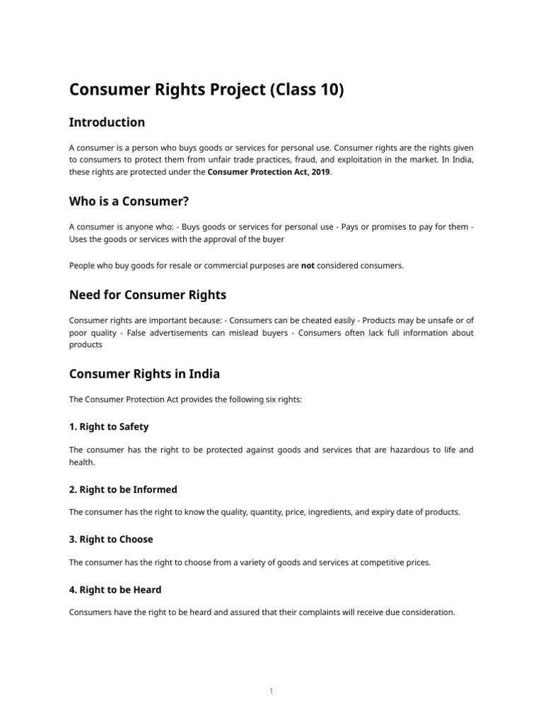 Consumer Rights Project - Class 10 | PDF | Consumer Protection | Economies