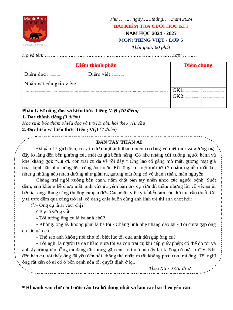 k5_kt Tv Đọc Hiểu_viết_cuối Kì i | PDF