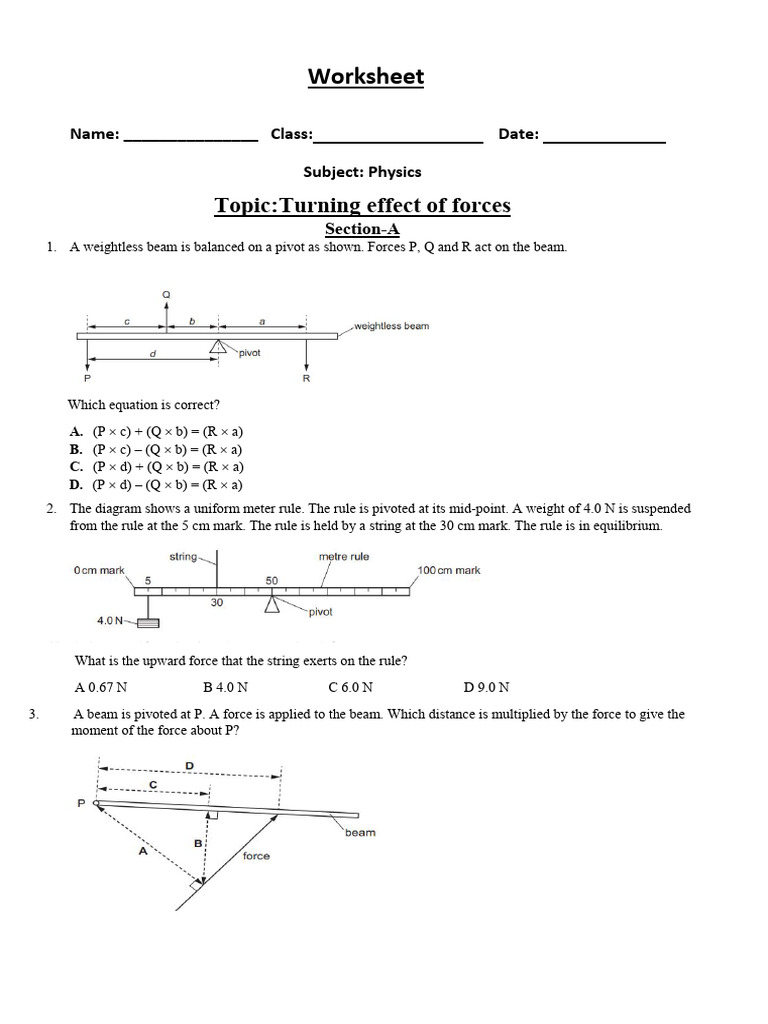 Turning Effect of Forces Worksheet | PDF | Force | Weight
