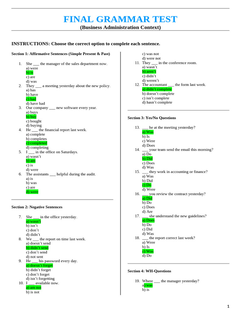 FINAL GRAMMAR TEST V (1) | PDF