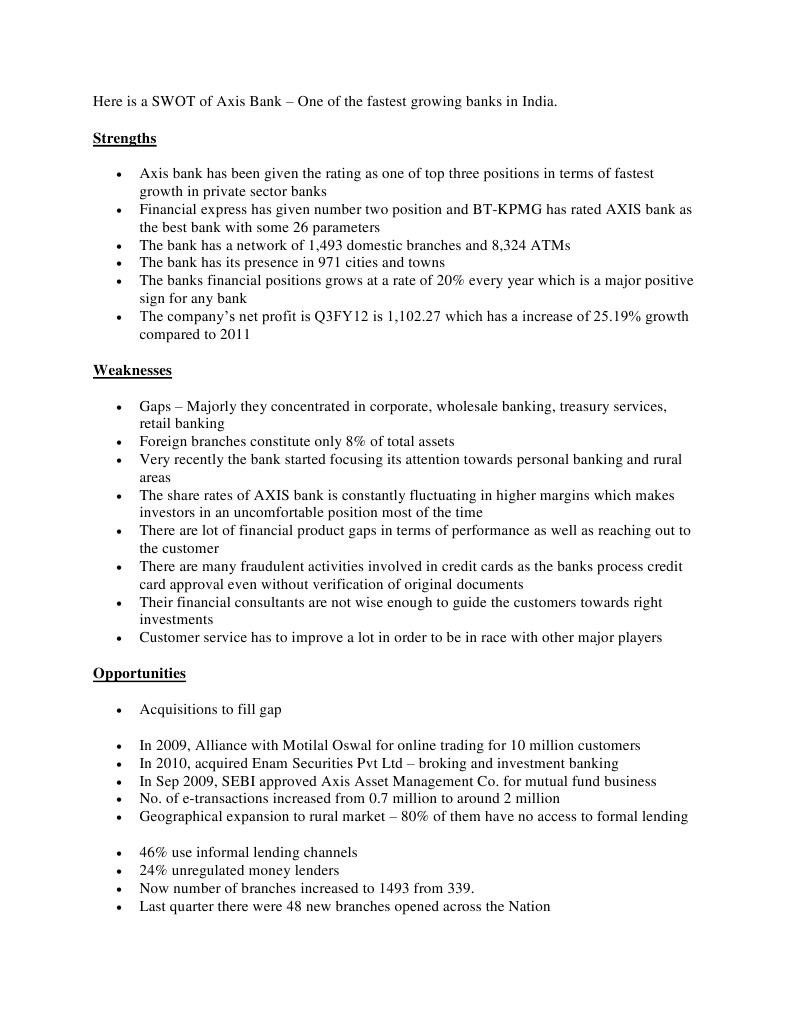 Here Is A SWOT of Axis Bank | PDF | Banks | Financial Services