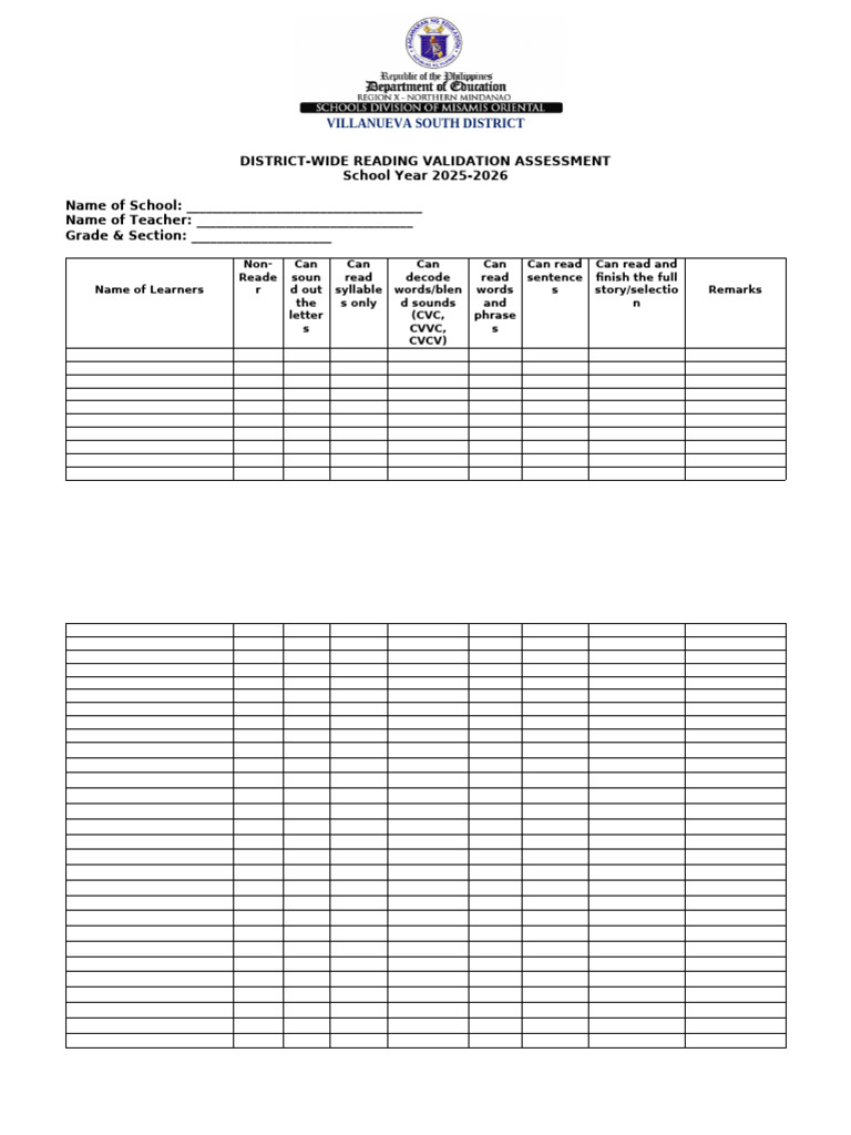 District Wide Reading Validation Assessment | PDF