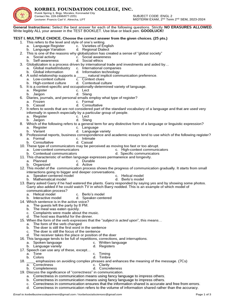 Korbel English 2 Midterm Exam | PDF | Communication | Human Communication