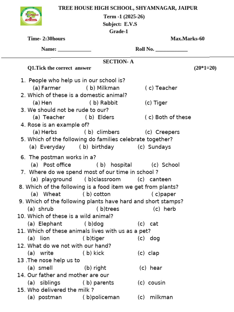 Evs Term 1 25-26 Grade 1 | PDF
