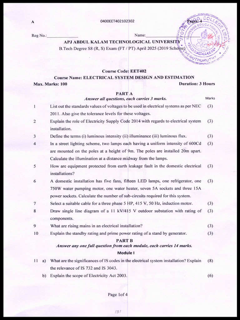 Eet402 Electrical System Design and Estimation, April 2025 | PDF