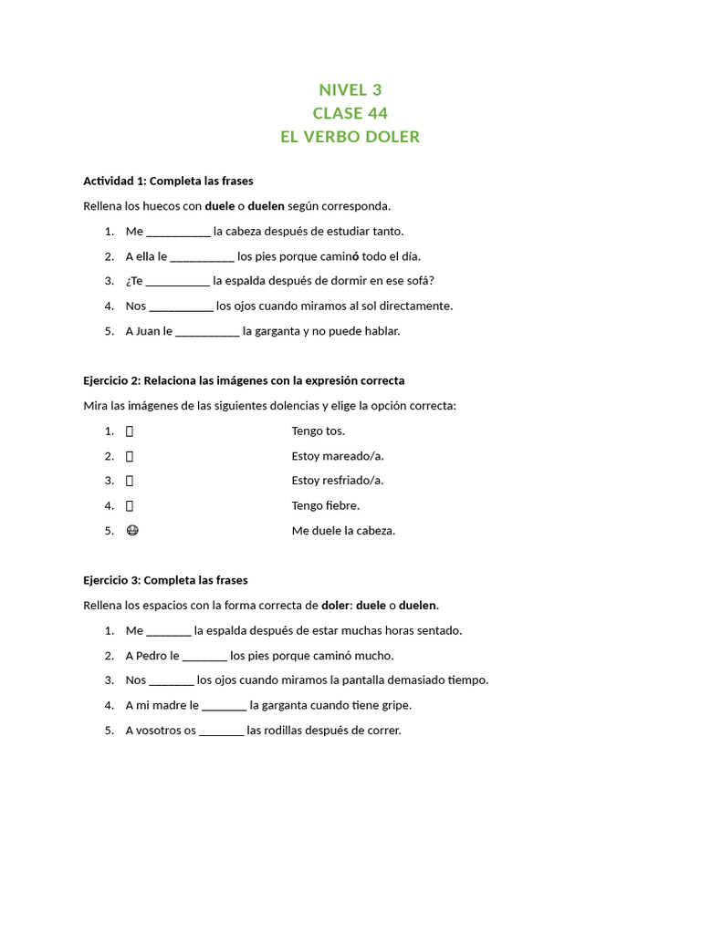 Nivel 3 Clase 44 El Verbo Doler | PDF