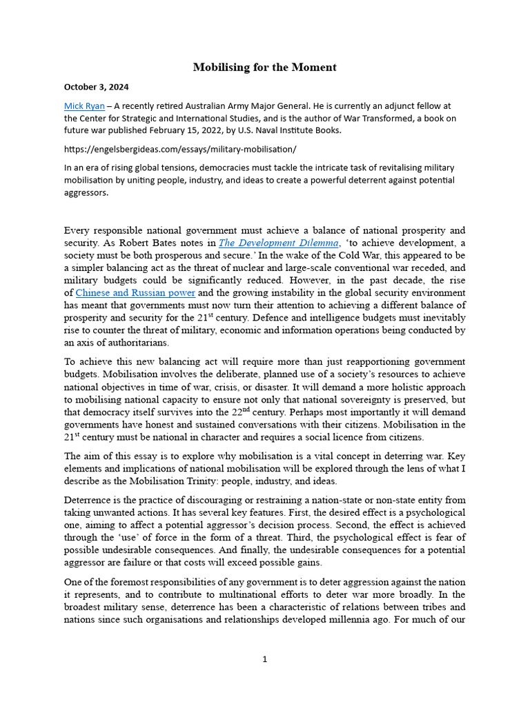 16. Mobilising for the Moment - Maj Gen Mick Ryan Australian Army | PDF ...