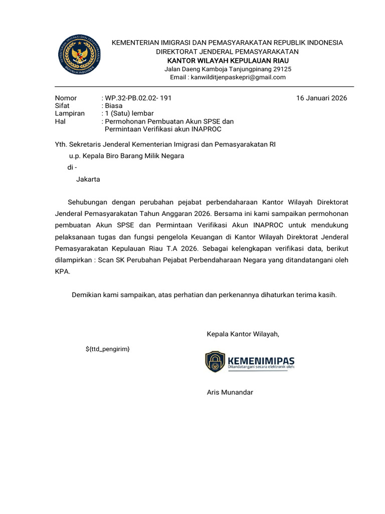 DRAFT Surat Permohonan Pembuatan Akun SPSE DAN INAPROC - Removed | PDF