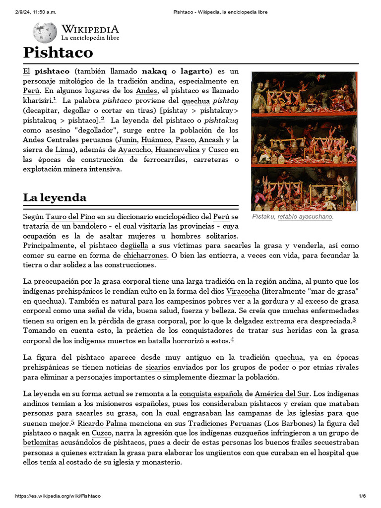Pishtaco - Wikipedia, La Enciclopedia Libre | PDF | Perú | Andes