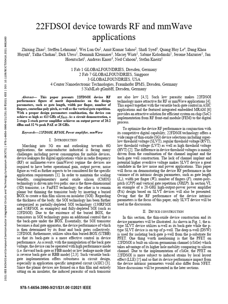 Ref 1 22FDSOI Device Towards RF and MmWave Applications | PDF | Mosfet ...