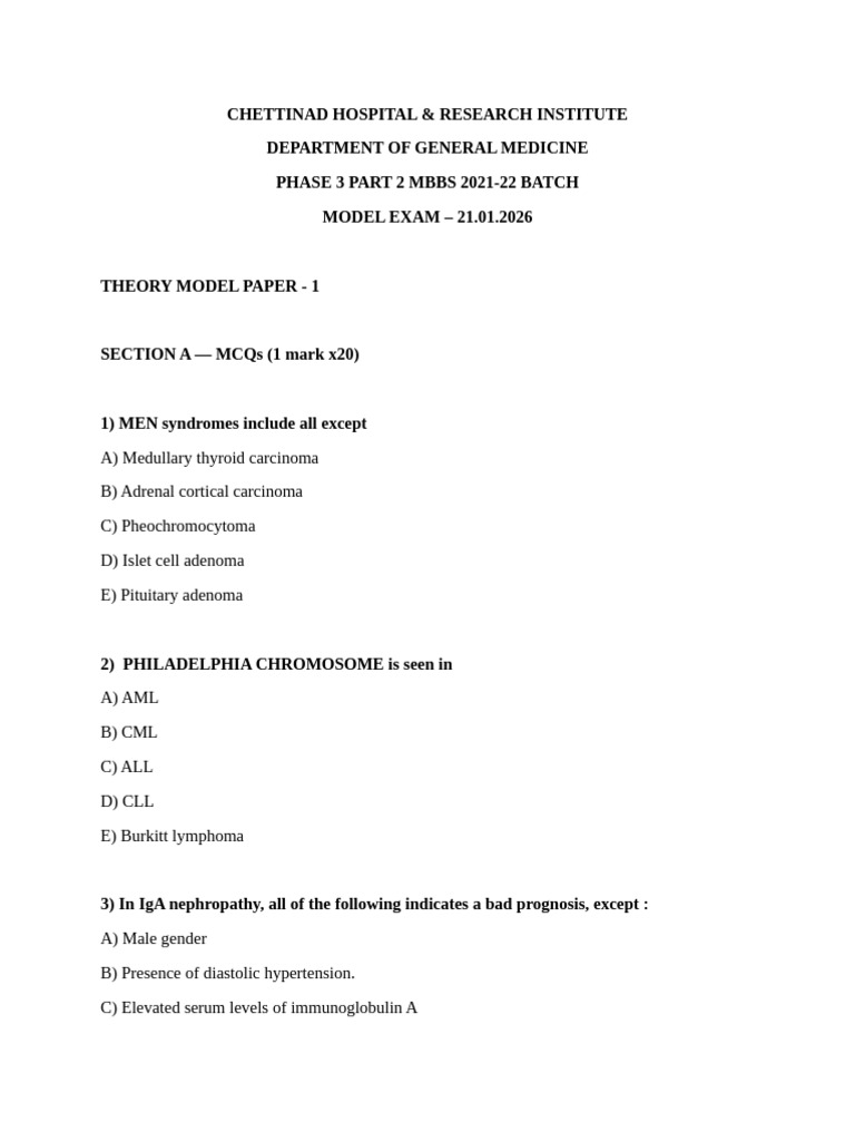 MCQ Paper UG Model Exam 2026 | PDF | Neoplasms | Endocrinology