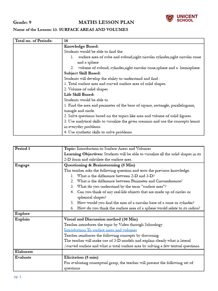 LP Math Gr 9 Ch 11 Surface Area and Volumes.docx | PDF | Area | Sphere