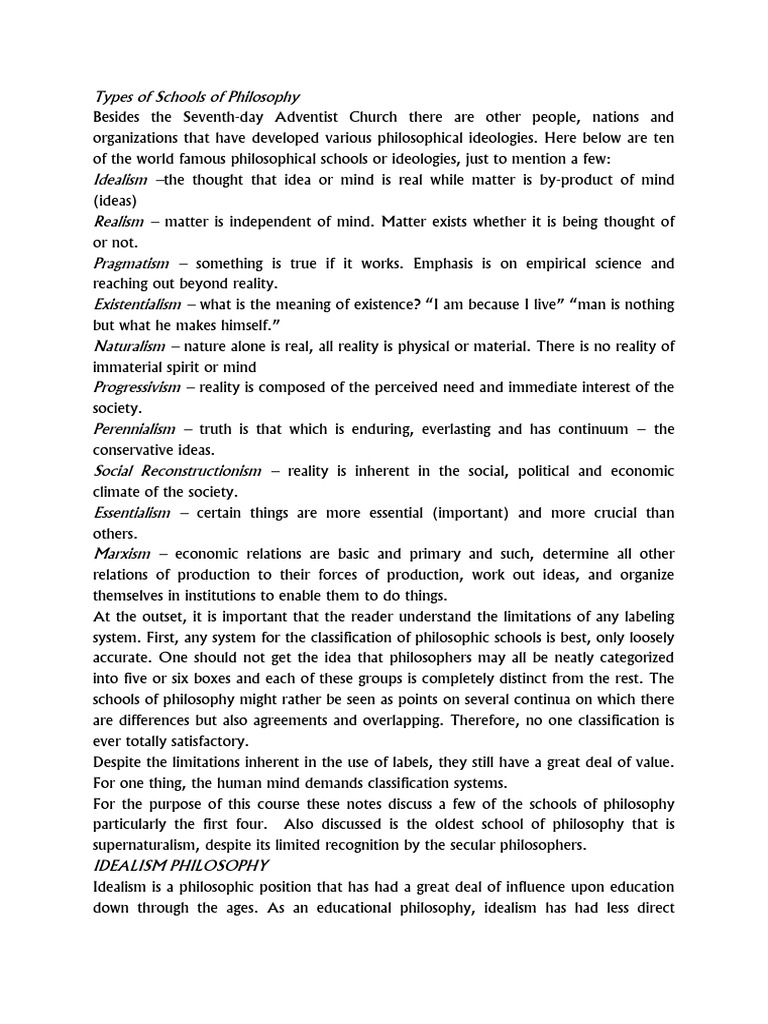 EDUC 215 LECTURE NOTES-Types of Schools of Philosophy | PDF ...
