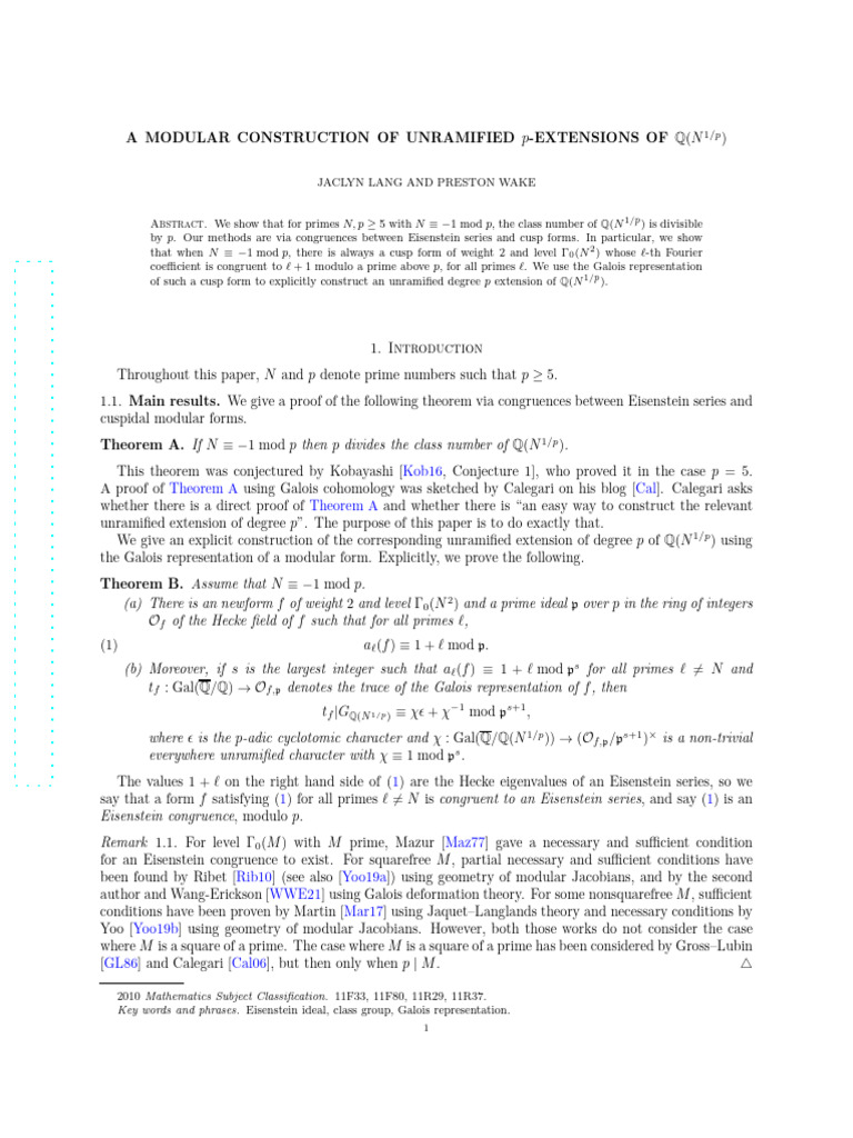A Modular Construction of Unramified P-Extensions | PDF | Field ...