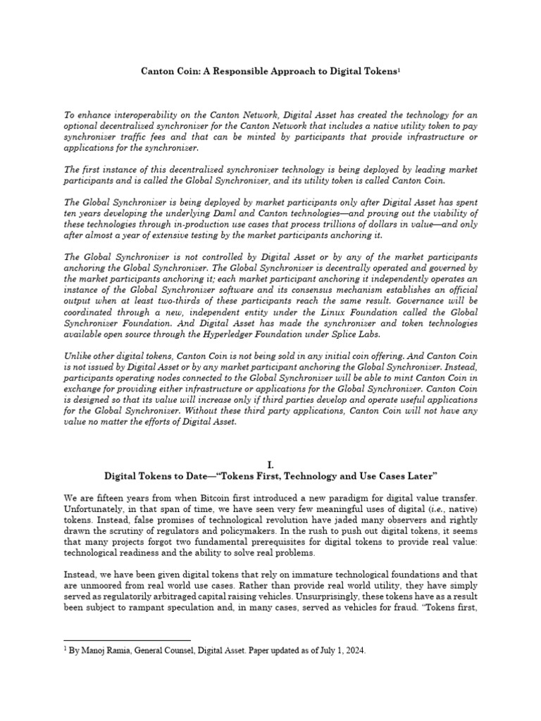 Canton Coin A Responsible Approach To Digital Tokens | PDF | Economies