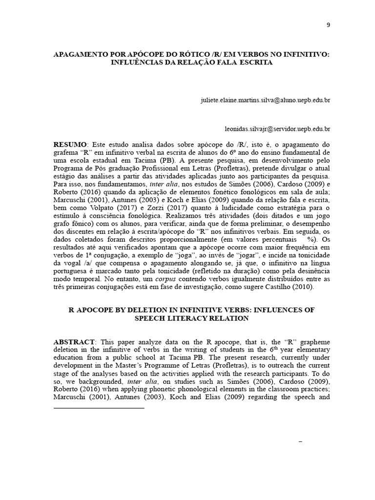 1 Apagamento Por Apócope Do Rótico R em Verbos No Infinitivo | PDF ...