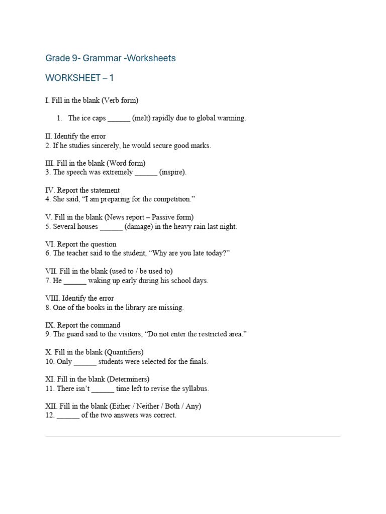 Grade 9 Integrated Grammar - Worksheets | PDF | Linguistics | Grammar
