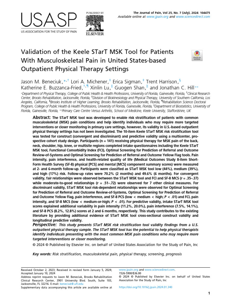 Validation of The Keele STarT MSK Tool For Patients With Muscu 2024 The ...