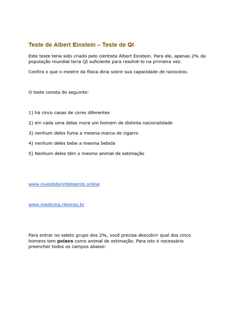 Teste de Albert Einstein – Teste de QI | PDF