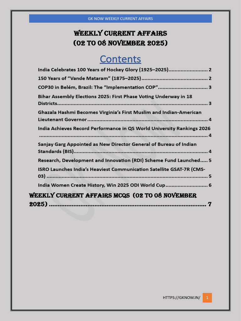 Weekly Curret Affairs 02 to 08 November (English) (1) | PDF
