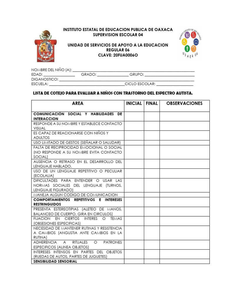 Lista de Cotejo Tea Rosy | PDF | Las emociones | Autismo