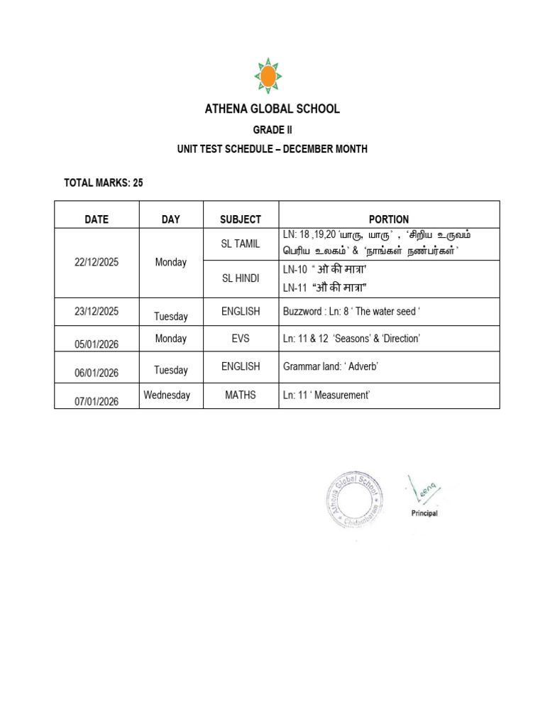 Parent PortalUnit Test Grade II - December Month Schedule | PDF