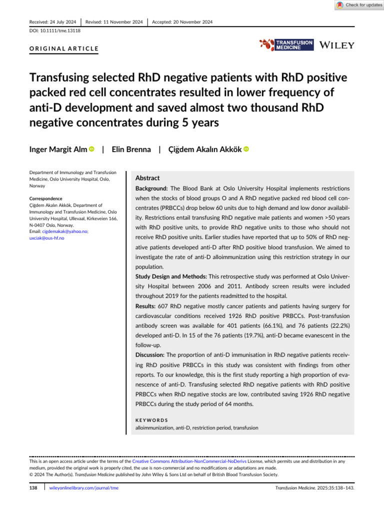 Transfusion Medicine - 2024 - Alm - Transfusing Selected RhD Negative ...