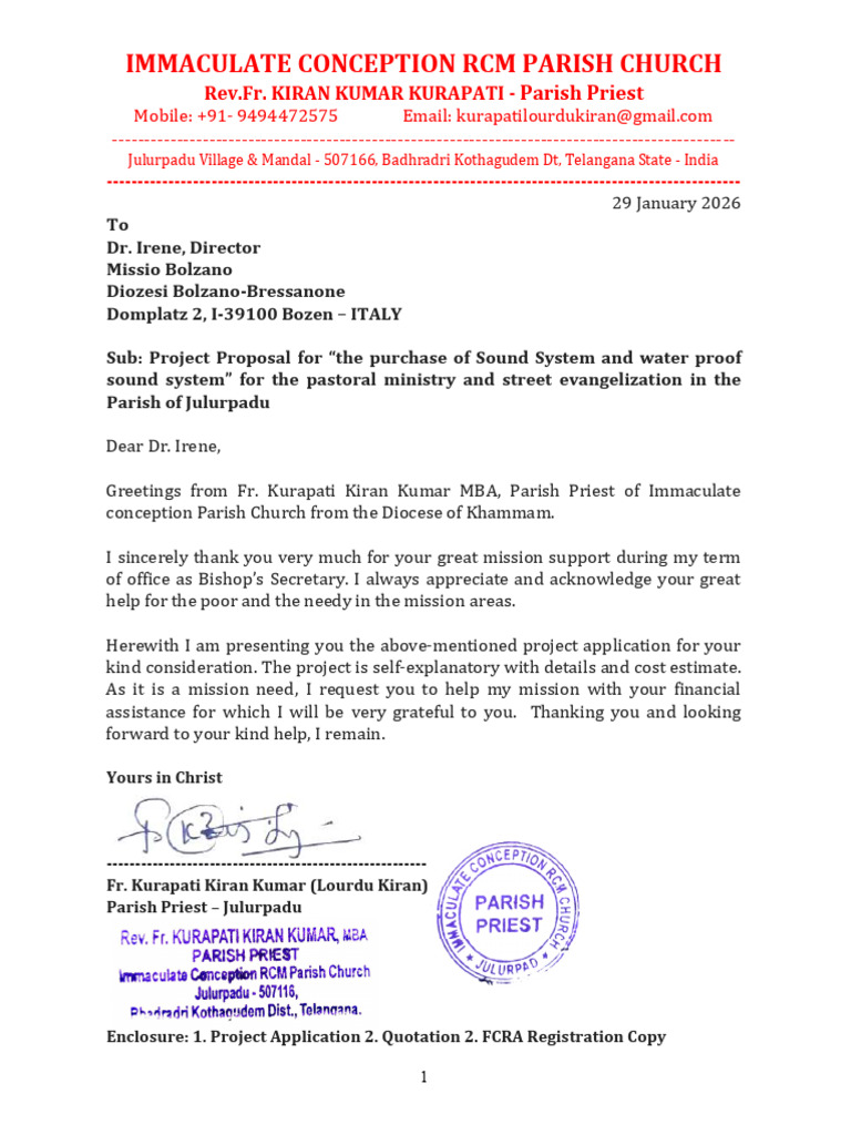 Sound Systerm and Tent for the Pastoral Ministry Covering Letter 29 ...
